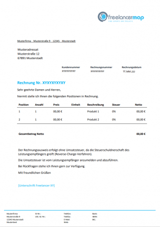 Reverse Charge Rechnung | kostenlose Vorlage herunterladen