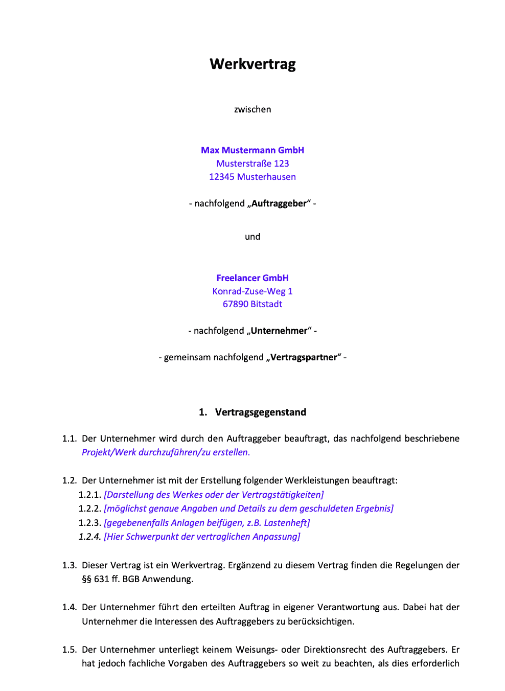 Werkvertrag Muster | Vorlage kostenlos herunterladen