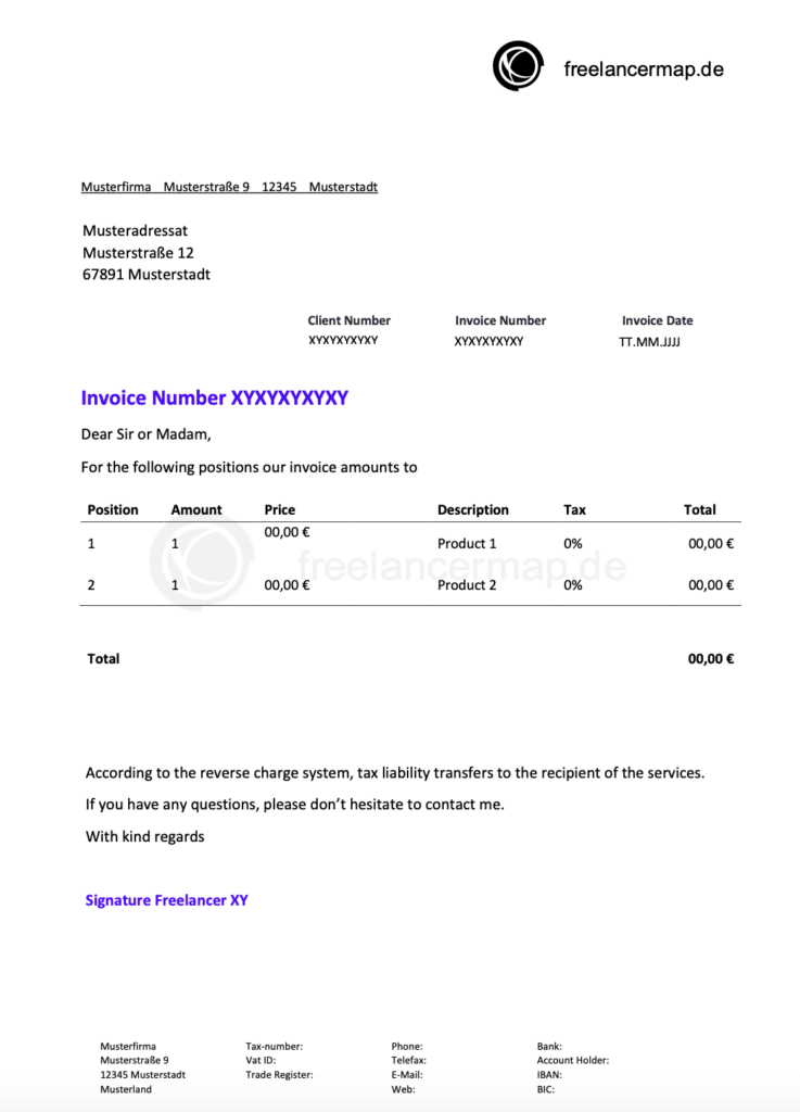 Reverse Charge Rechnung | kostenlose Vorlage herunterladen