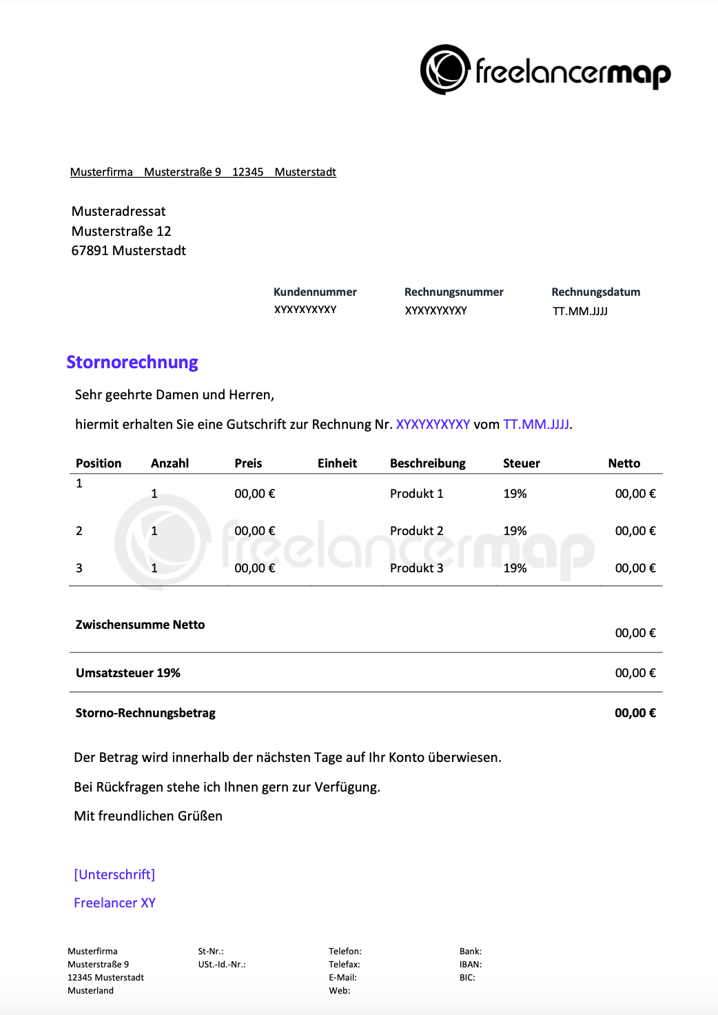 Stornorechnung | kostenlose Vorlage herunterladen