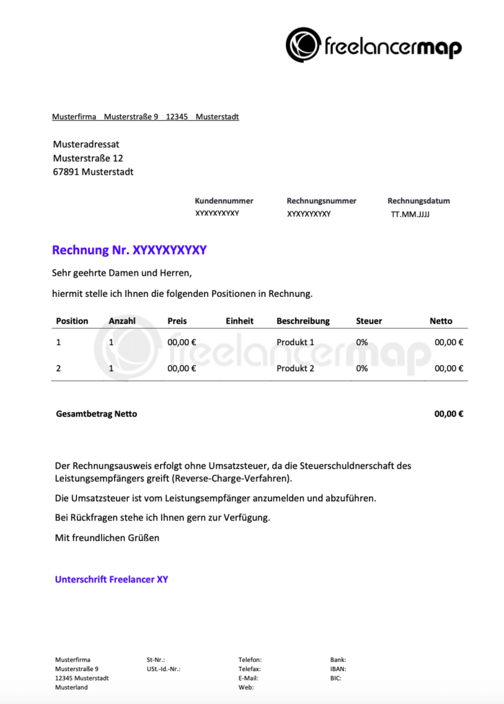 Reverse Charge Rechnung | kostenlose Vorlage herunterladen